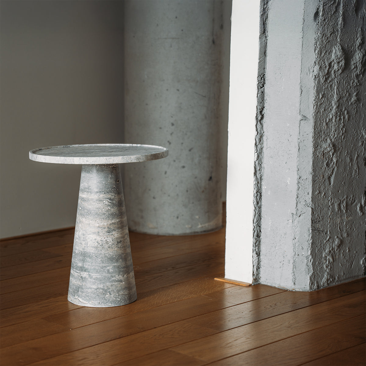Silver Travertine Cone Side Table – Modern Stone Accent Table